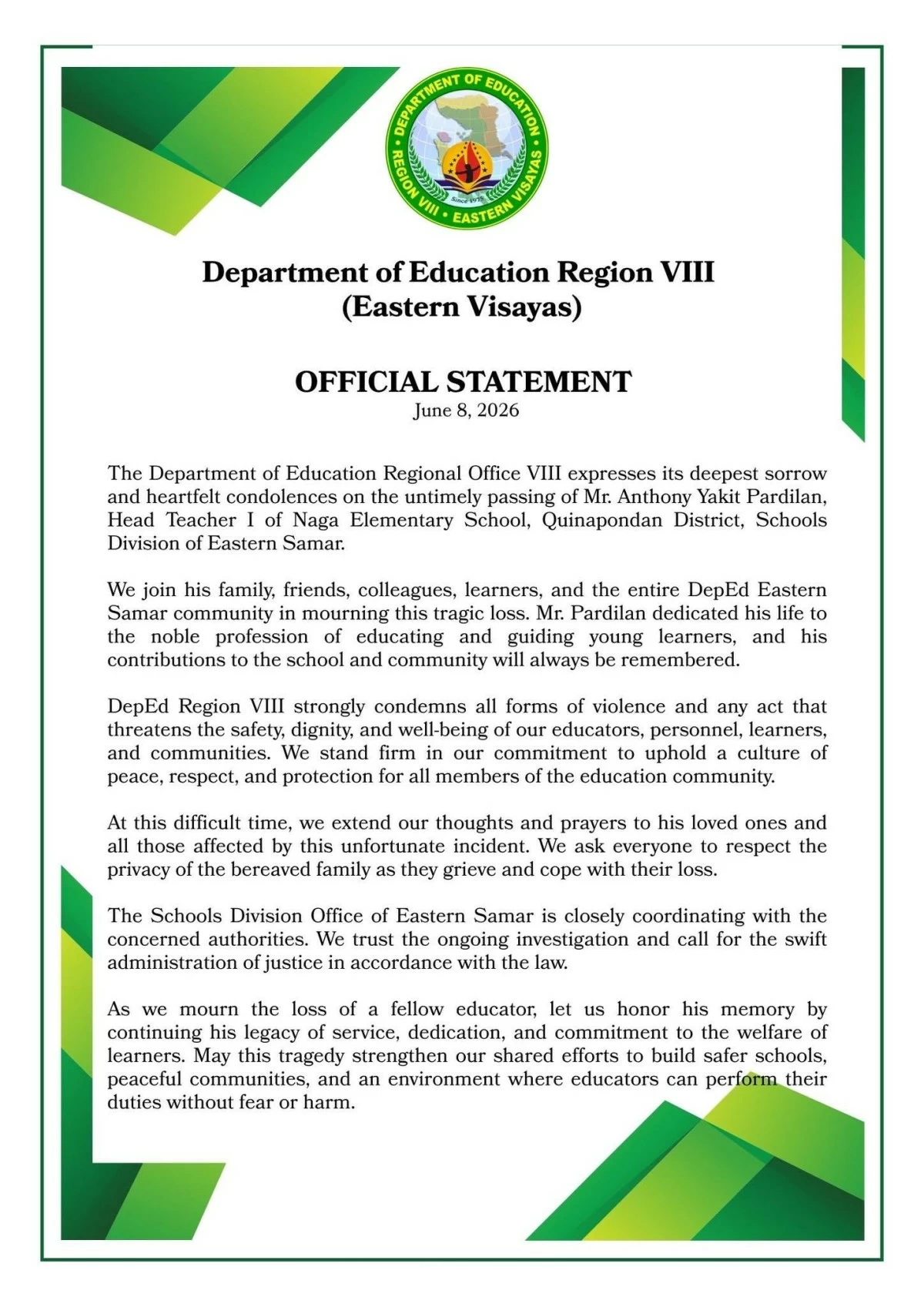 Manila Bulletin - DepEd condemns killing of teacher on first day of school